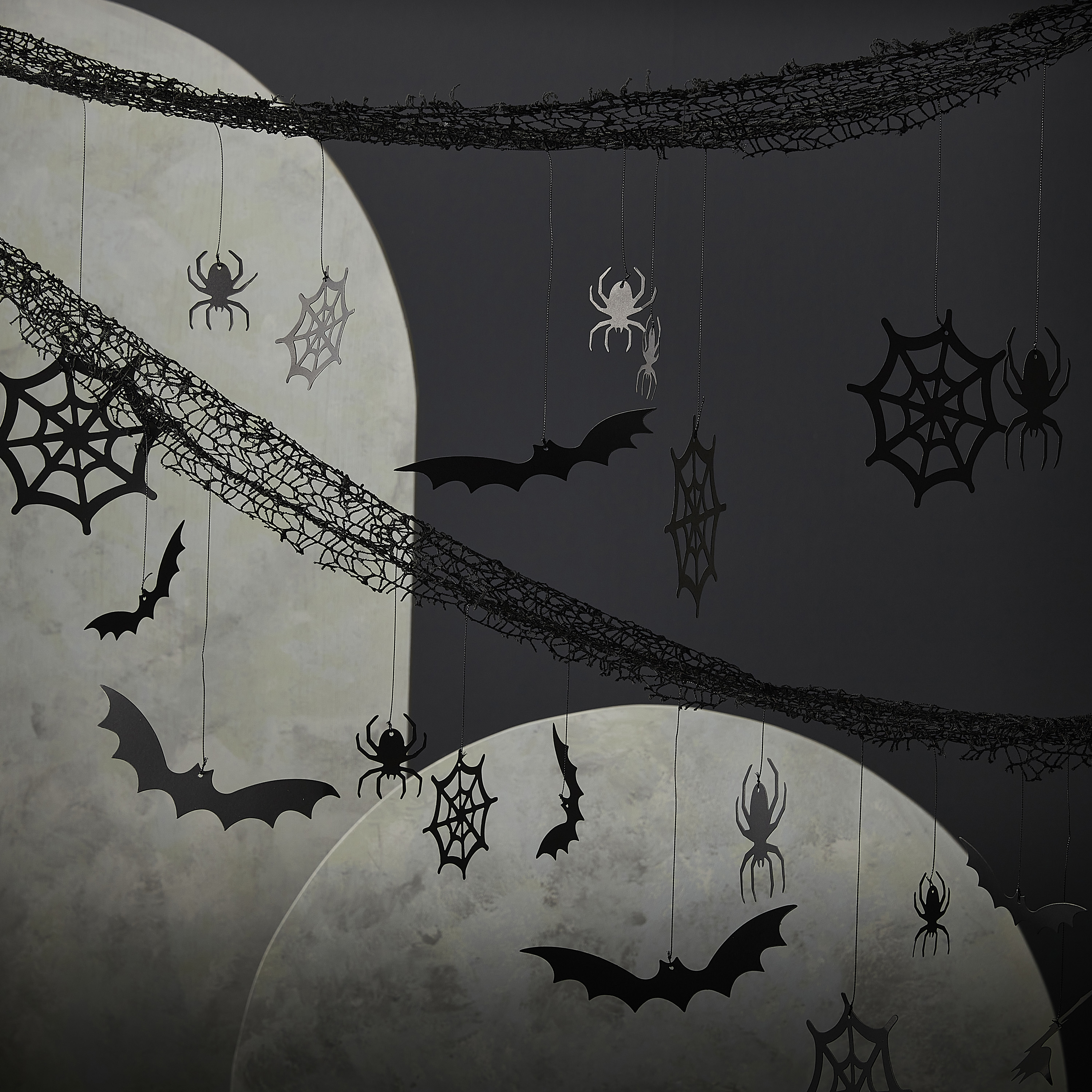 Halloween Backdrop with Hanging Spiders, Bats and Cobwebs | Ginger Ray