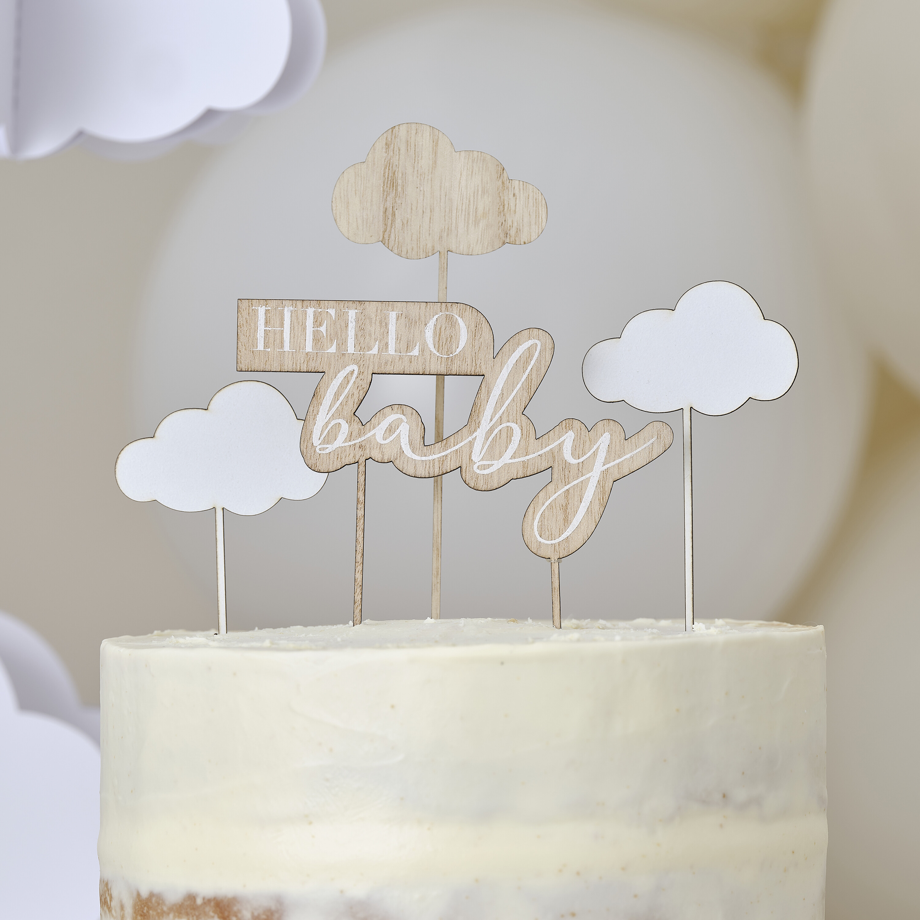 Wooden Hello Baby and Clouds Baby Shower Cake Topper | Ginger Ray